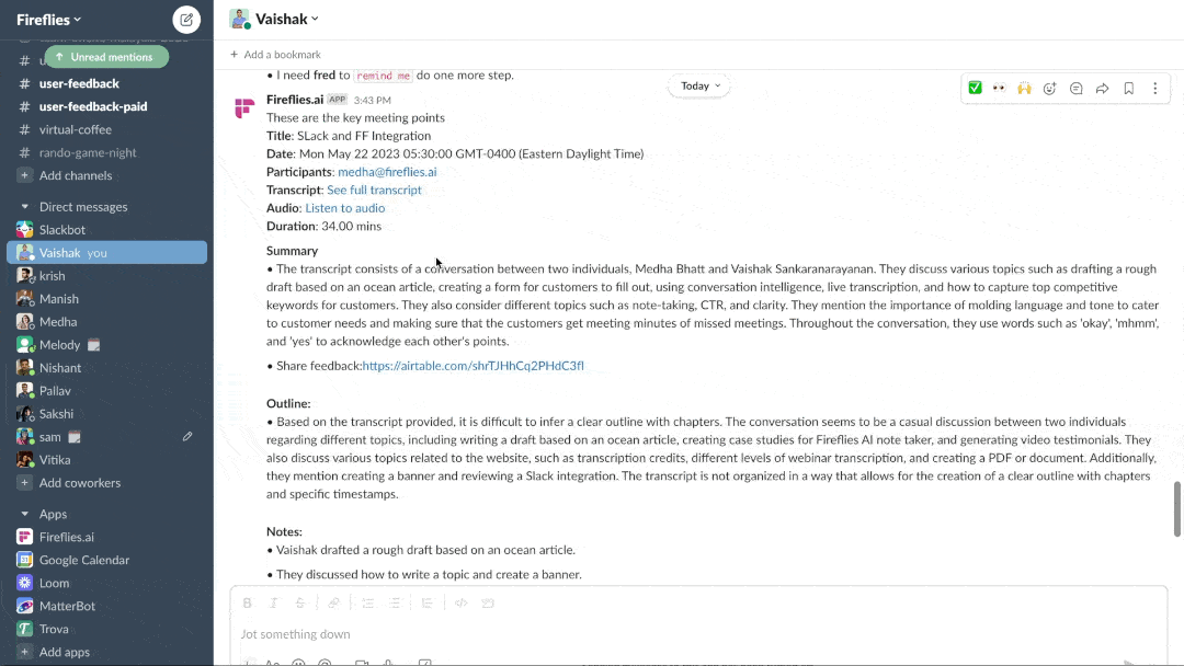 Send Automated Meeting Notes with Fireflies Slack Integration